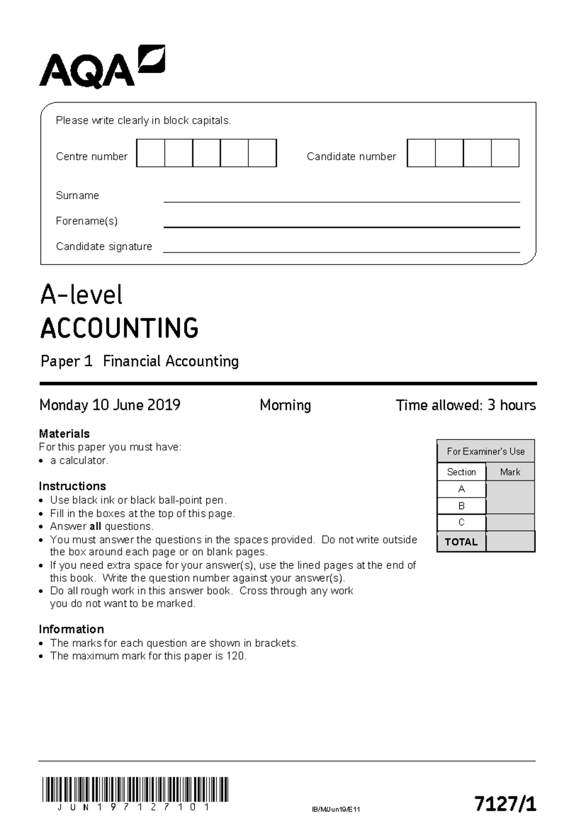 AQA-71271 Paper 1 Financial Accounting Exam Instructions & Questions ...