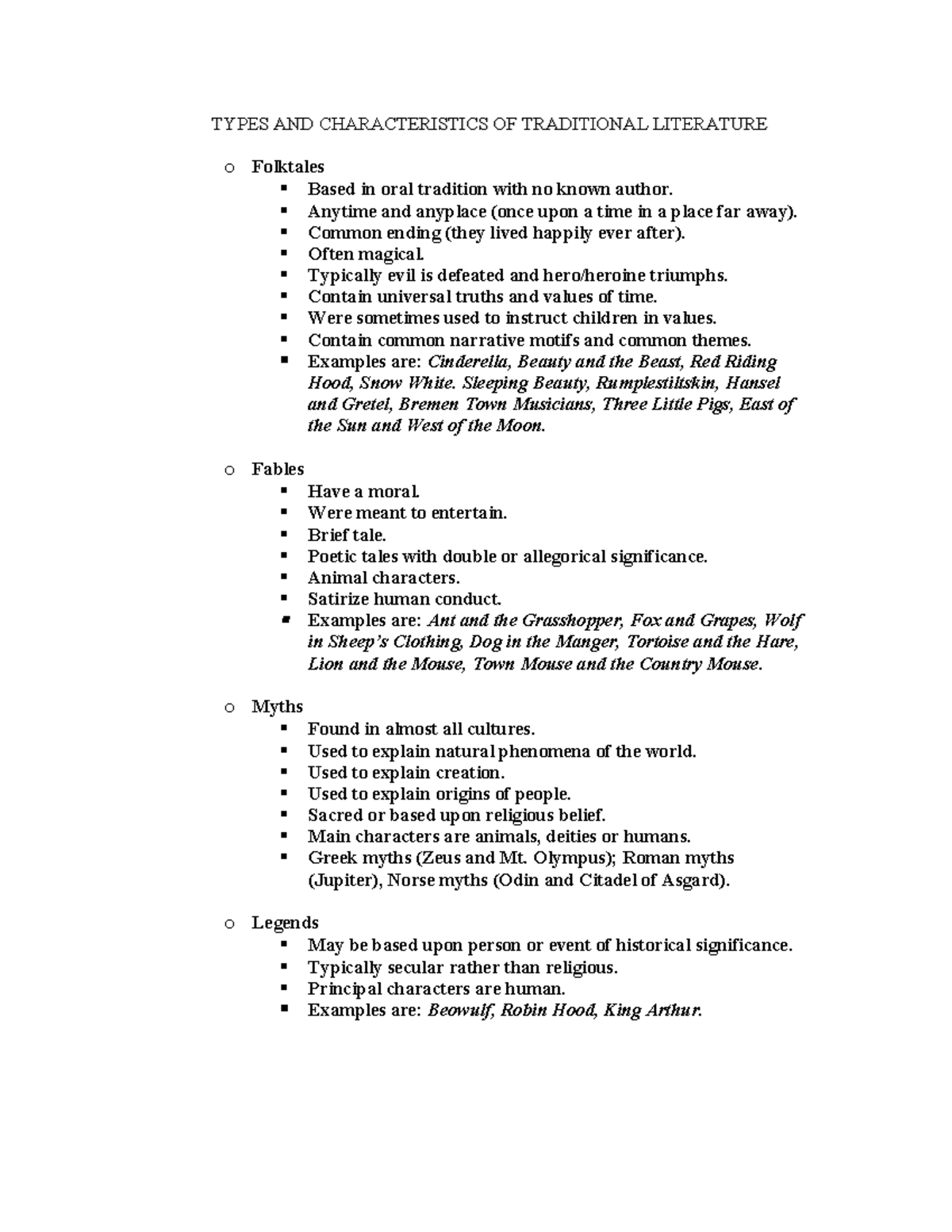 Types and Characteristics of Traditional Literature - Studocu