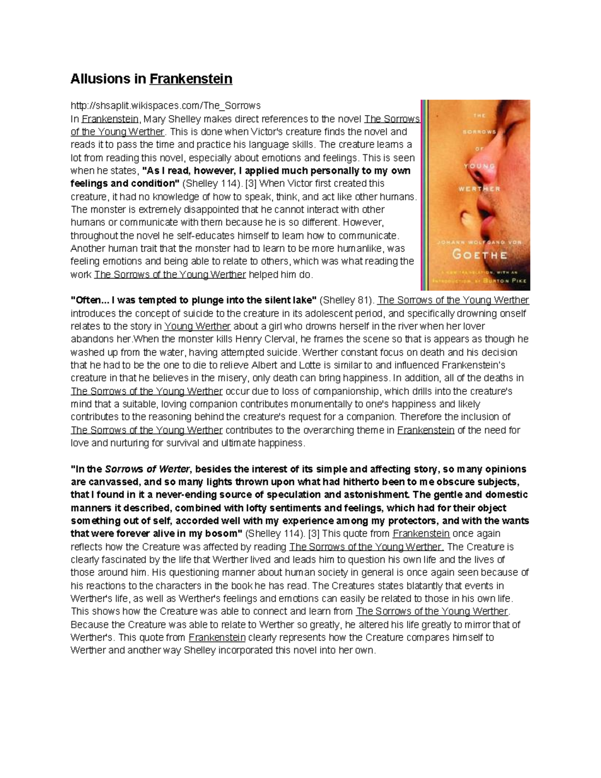 Allusions to The Sorrows of Young Werther in Frankenstein Analysis ...