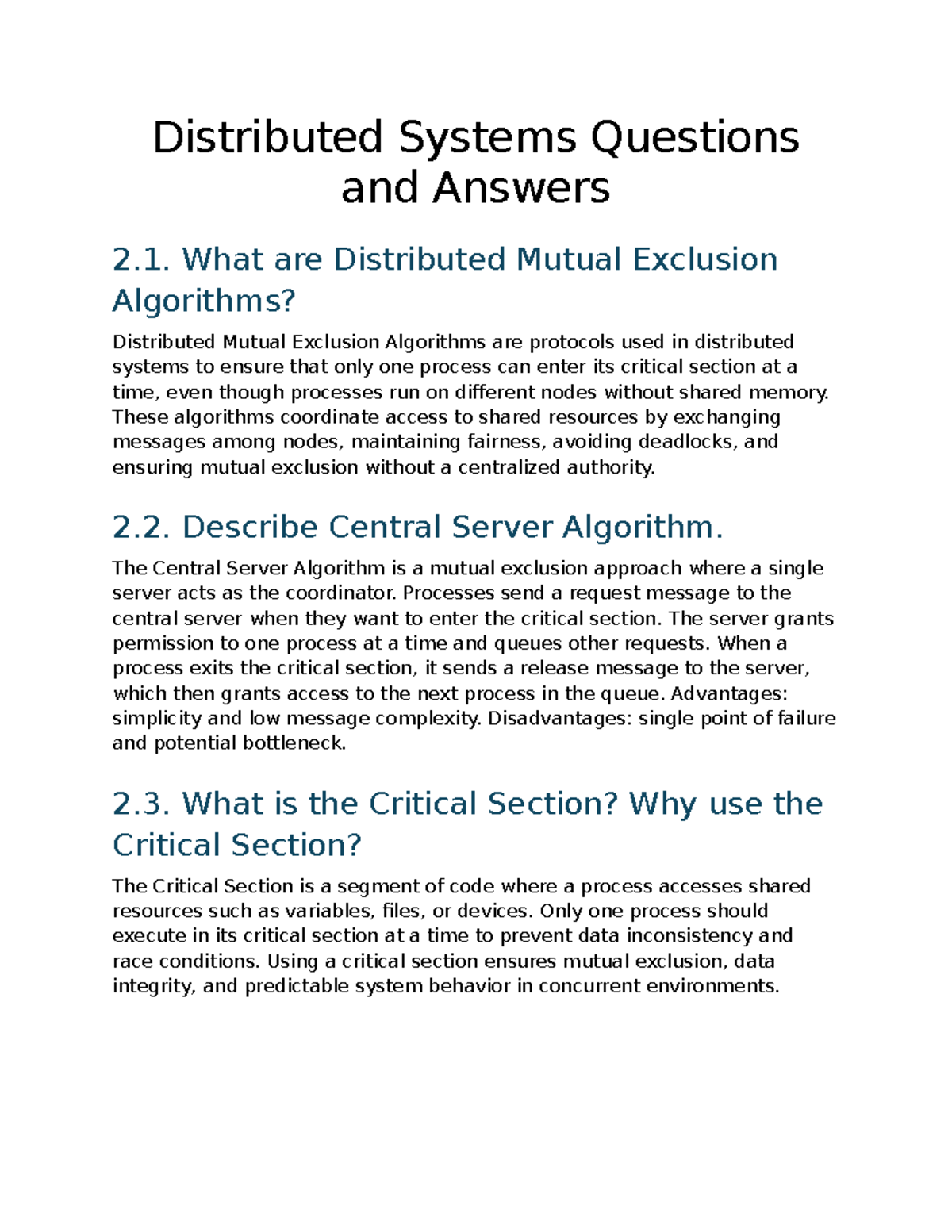 Distributed Systems QA: Mutual Exclusion Algorithms Explained - Studocu