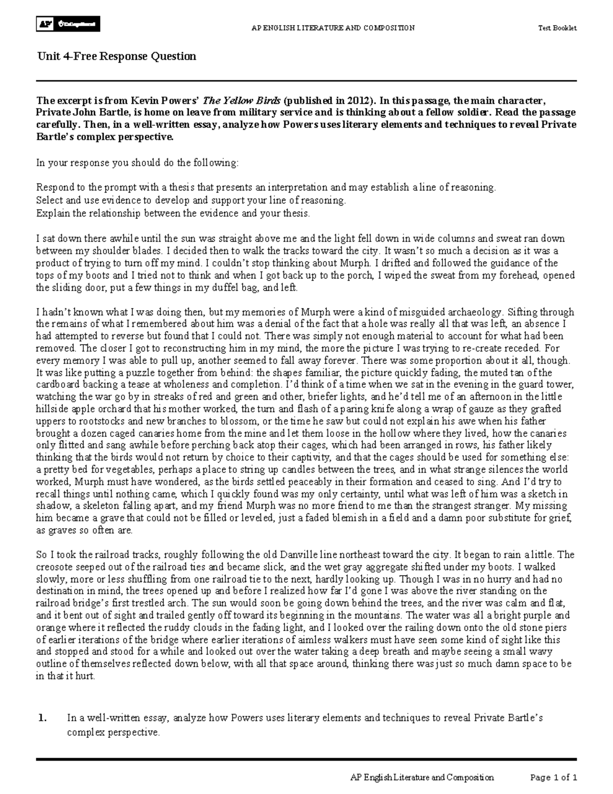 AP ENGLISH LITERATURE AND COMPOSITION Unit 4 Essay Response: Analyzing ...