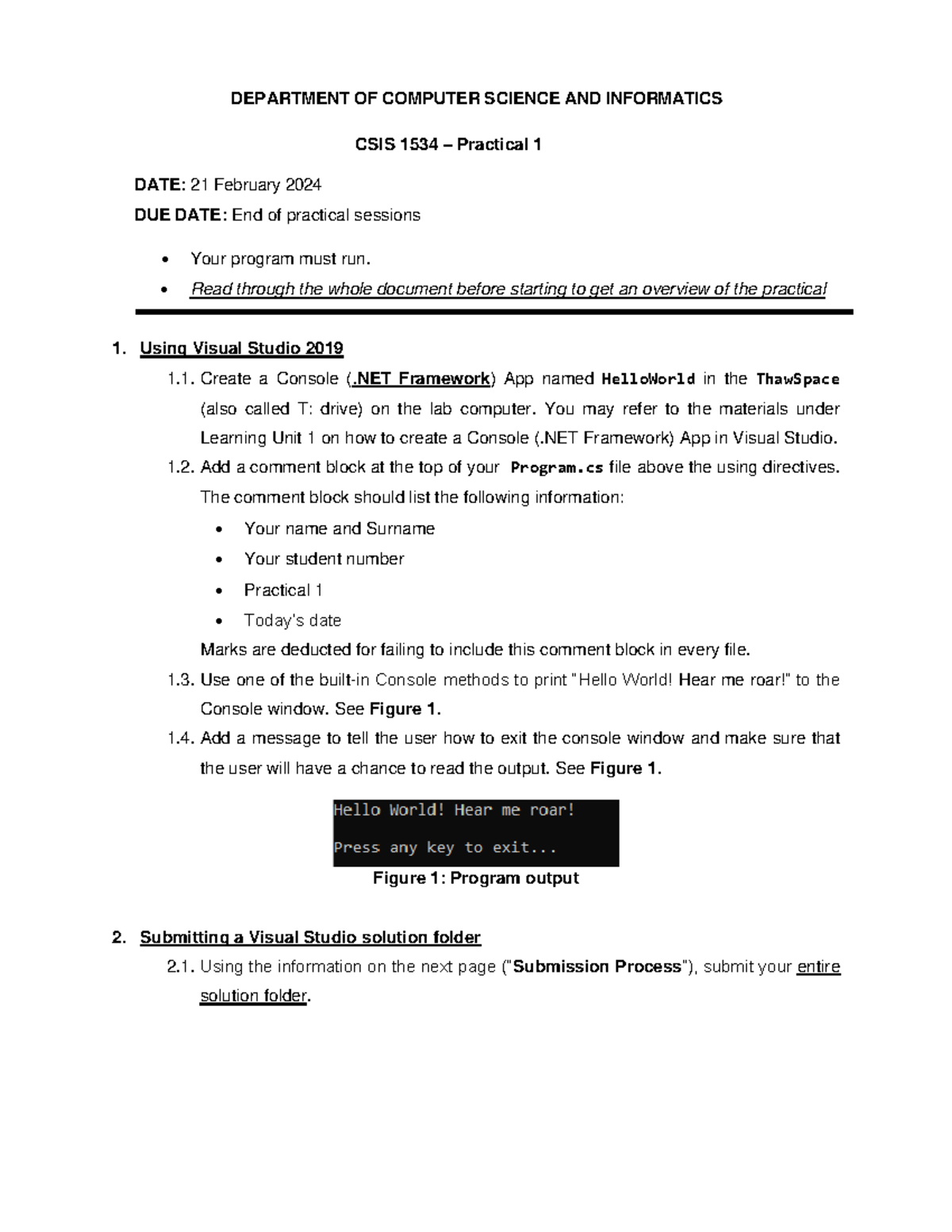 CSIS 1534 – Practical 1: Hello World Console App Instructions - Studocu