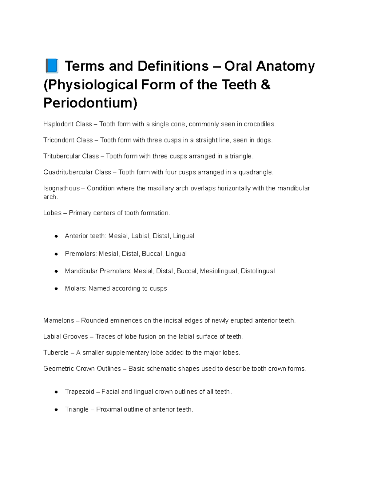 Oral Anatomy Terms & Definitions - Lecture Notes (Chap 4) - Studocu