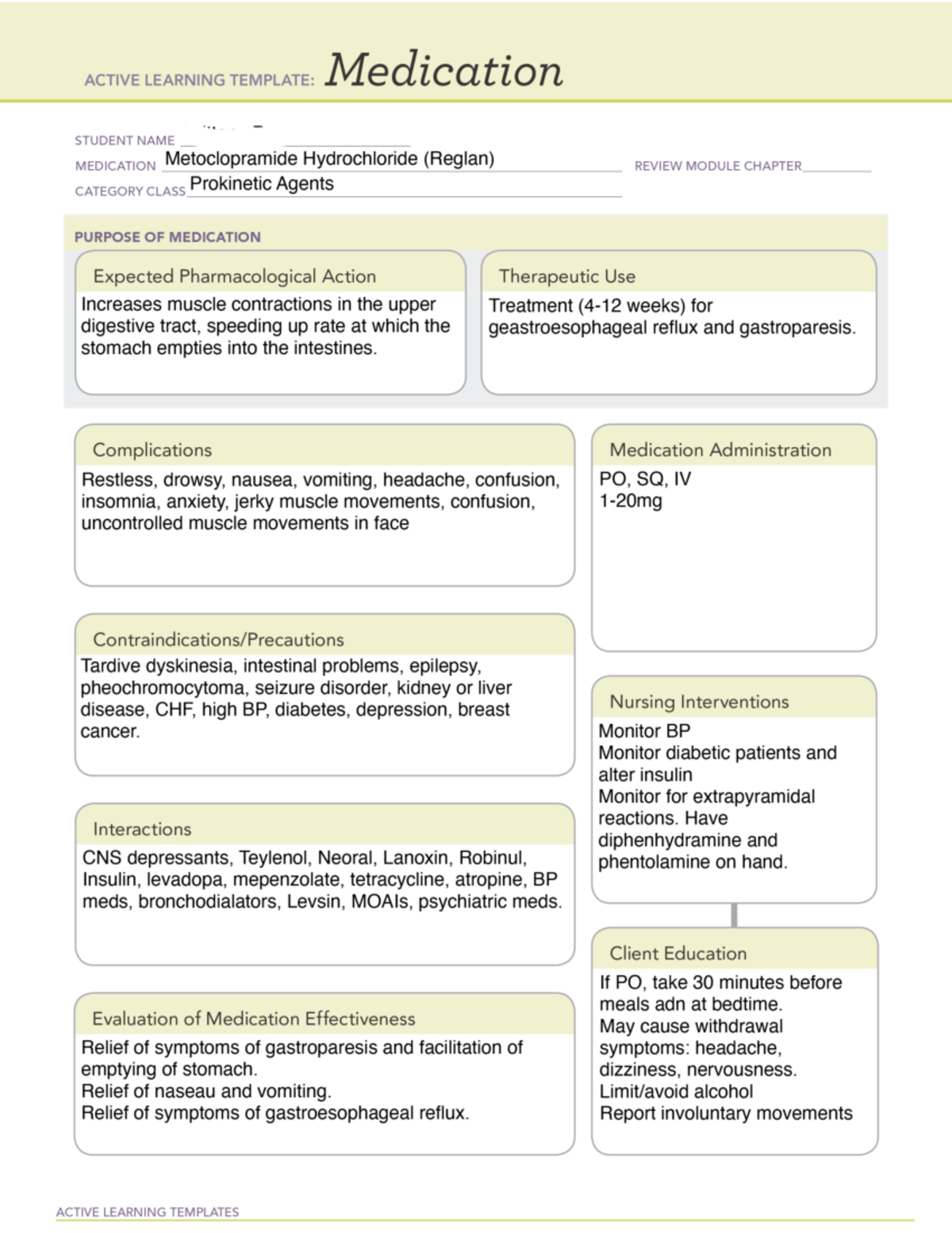 ATI Medication Review - Metoclopramide Hydrochloride (Reglan) - Studocu