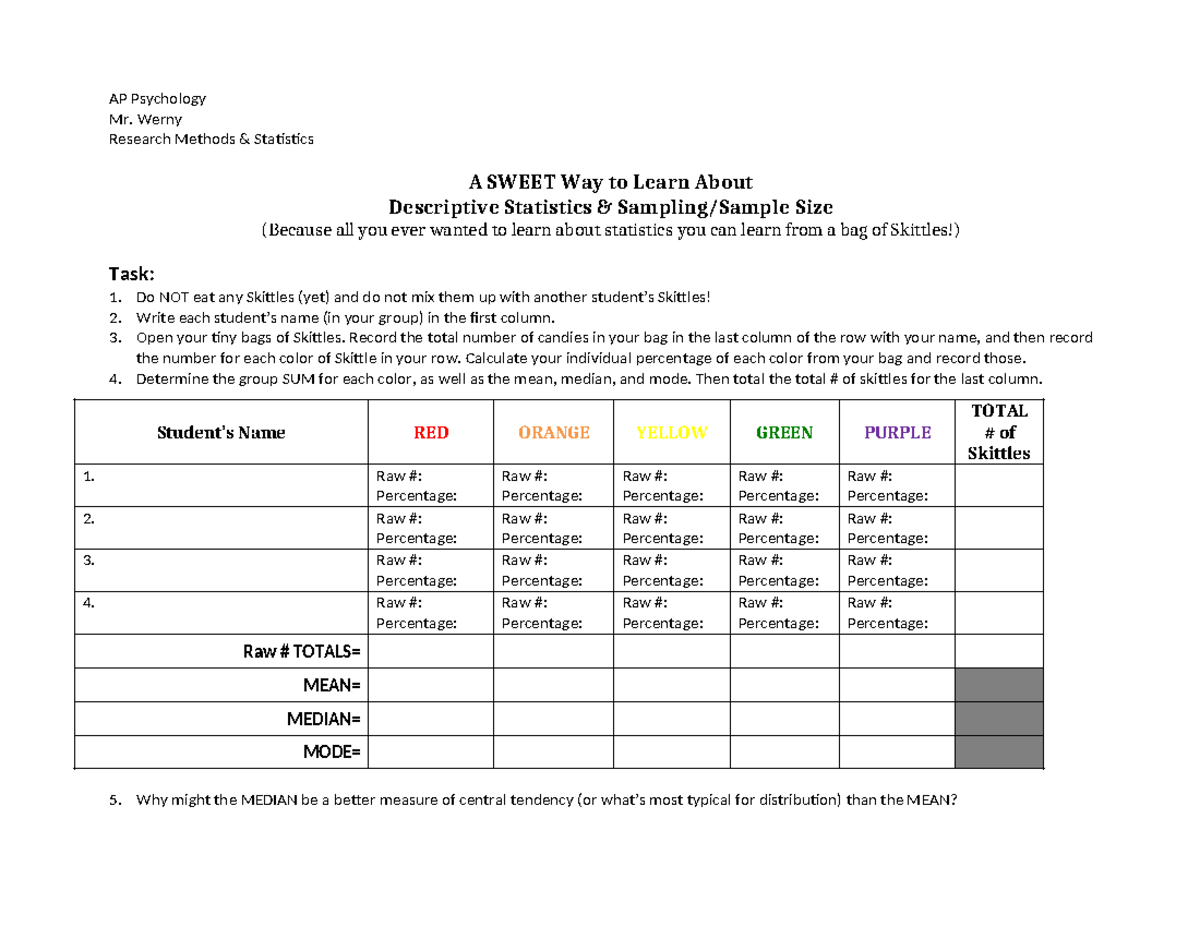 AP Psychology: Sweet Statistics Activity with Skittles - Studocu