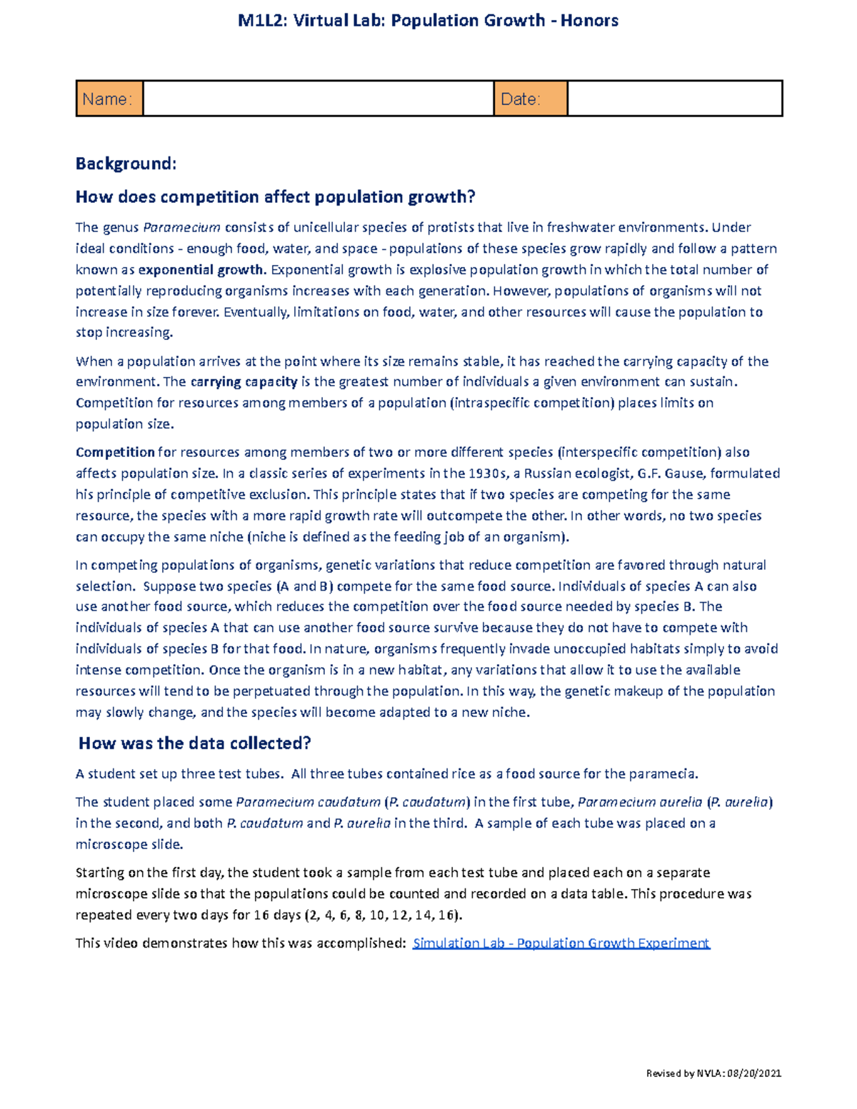 M1L2: Honors Virtual Lab on Population Growth of Paramecium Species ...