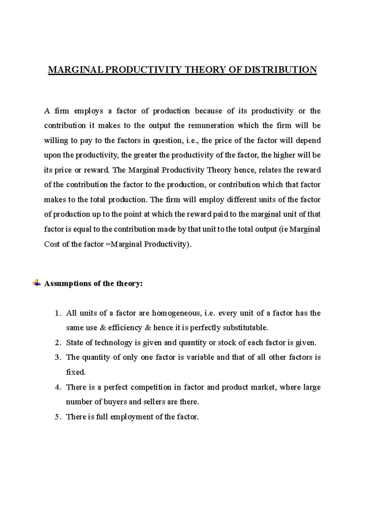 MARGINAL PRODUCTIVITY THEORY OF DISTRIBUTION: An Analysis - Studocu