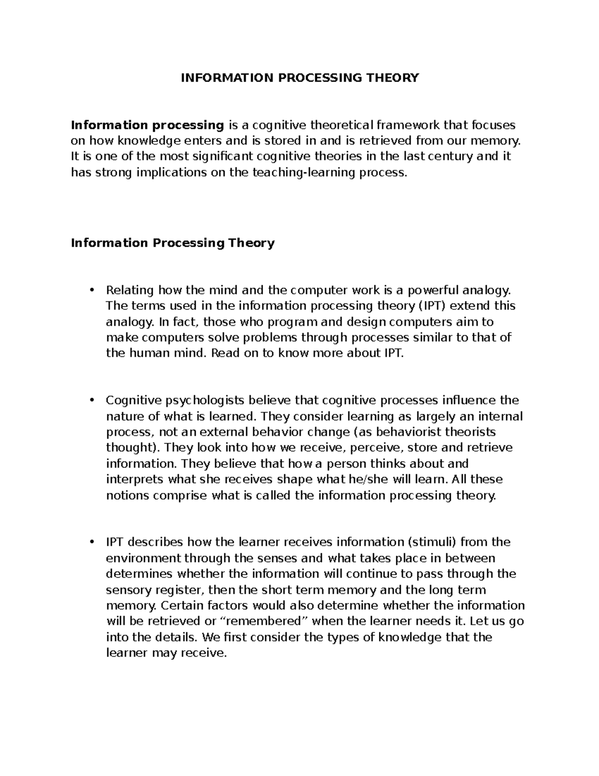 Information Processing Theory: Understanding Cognitive Processes - Studocu