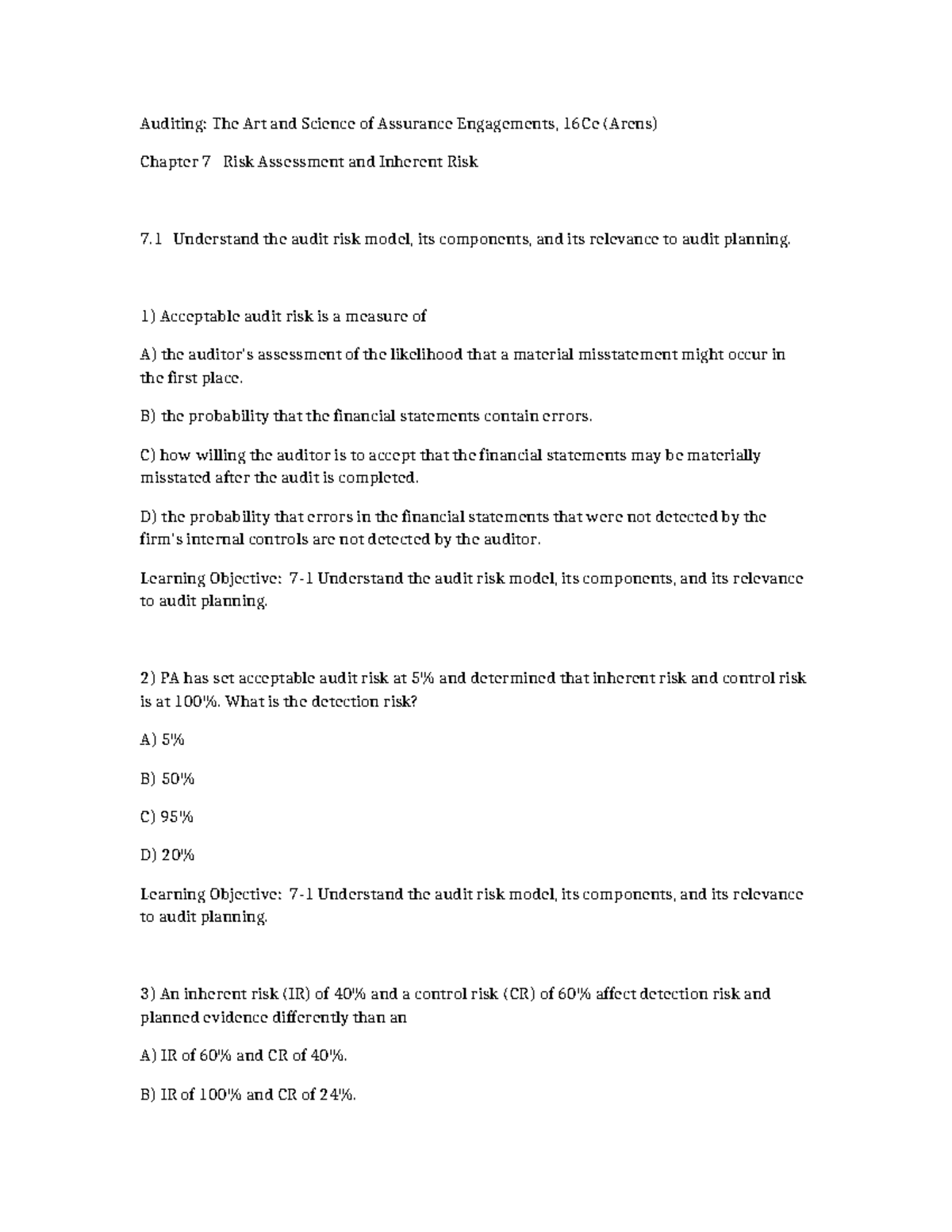 Chapter 7 Risk Assessment and Inherent Risk (No Answers) - Studocu