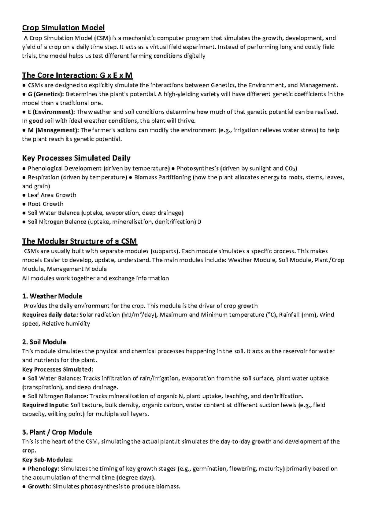Crop Simulation Model (CSM) Overview for DT Students - Studocu