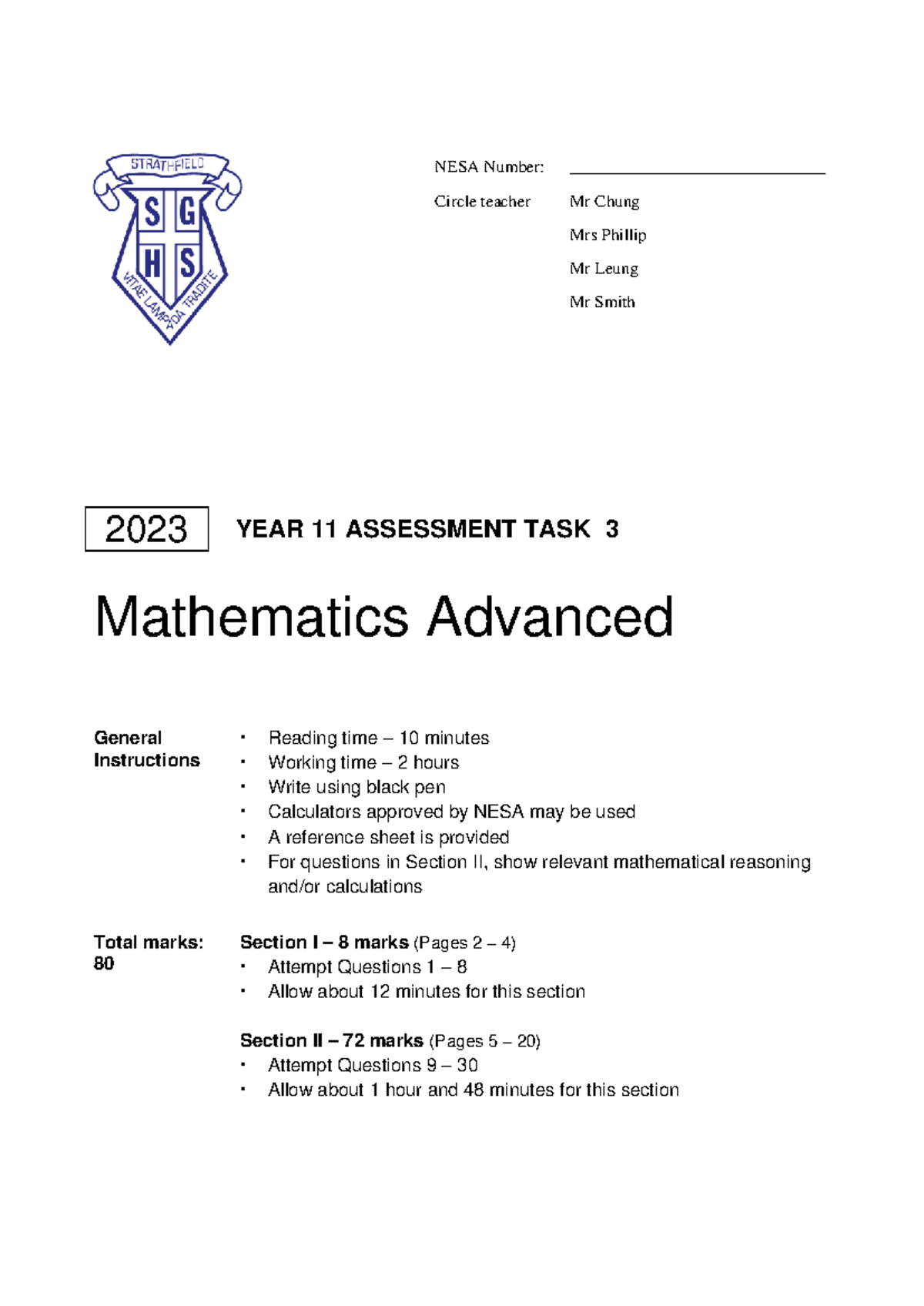 2023 Y11 Mathematics Advanced Task 3 Solutions - Studocu