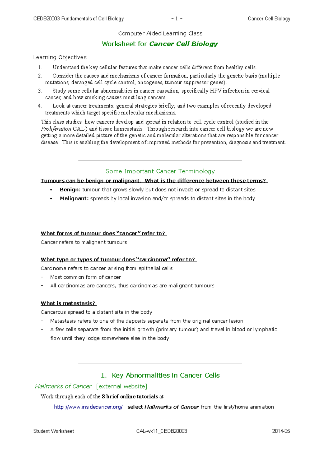 Cancer Cell Biology Worksheet - CEDB20003 Week 11 Insights - Studocu