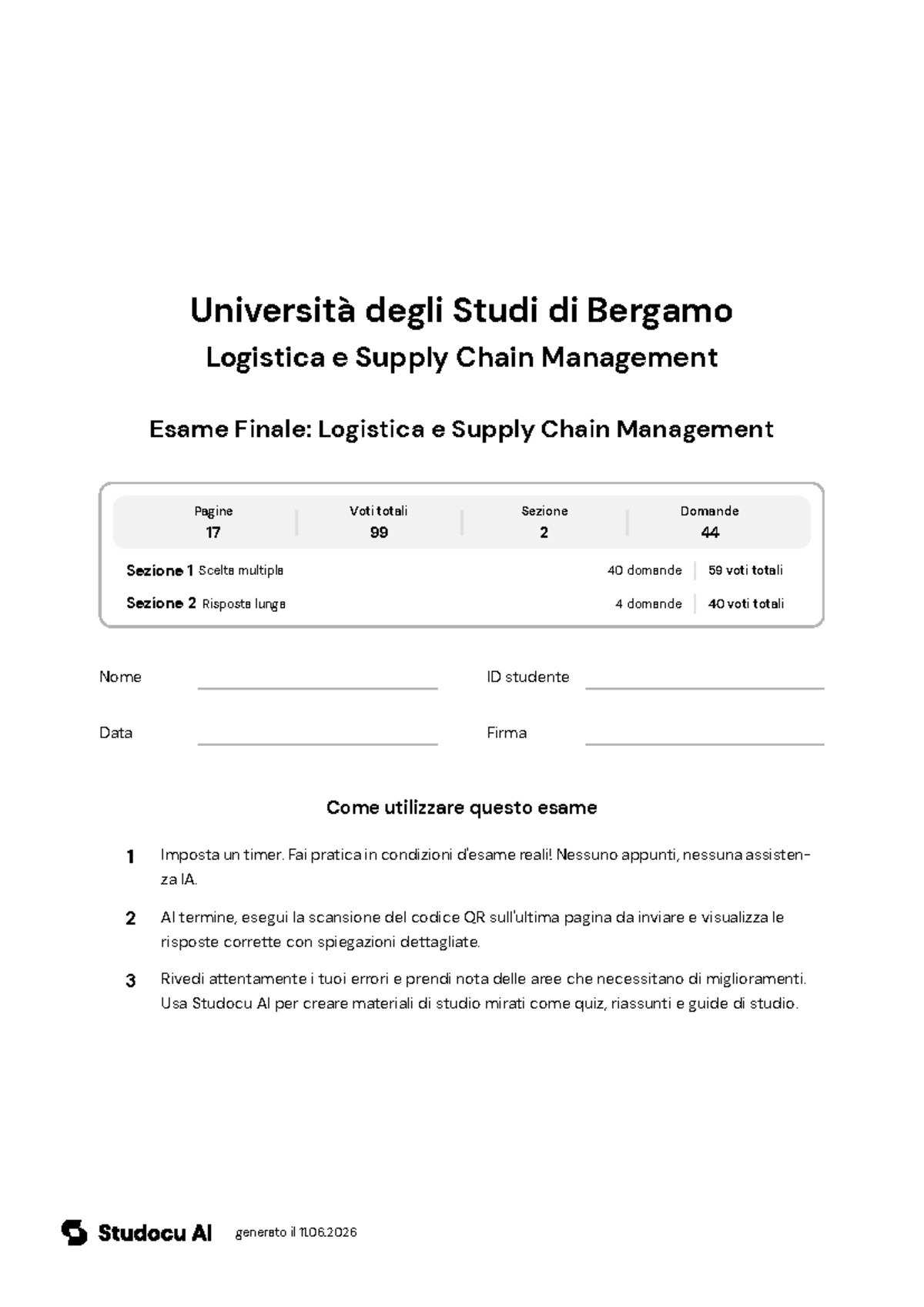 Esame Finale: Logistica e Supply Chain Management - Studocu