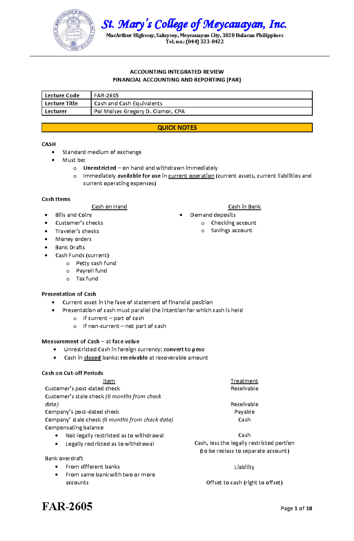 FAR-2605 Lecture Notes: Cash and Cash Equivalents Overview - Studocu