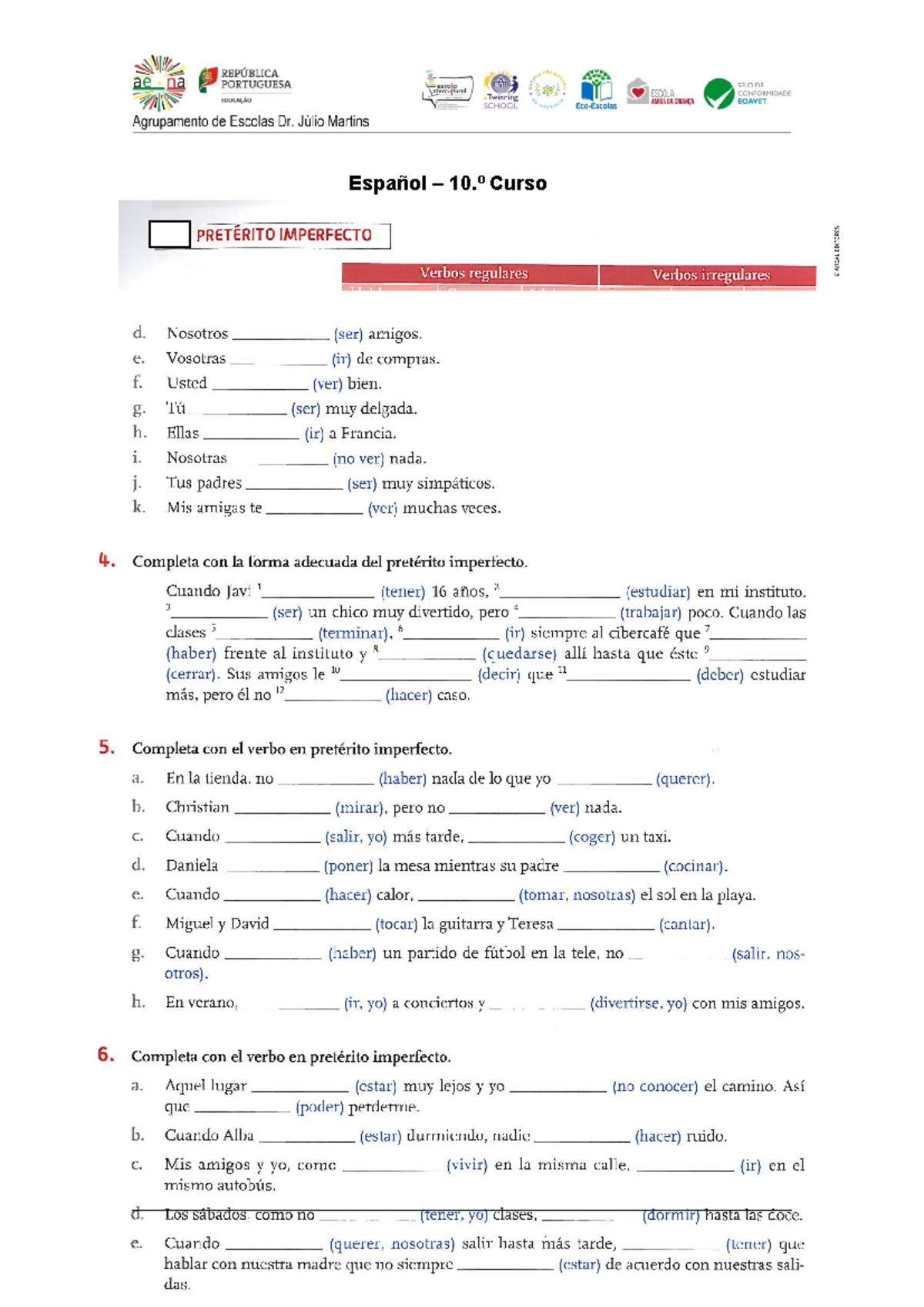 Ejercicios de Pretérito Imperfecto de Indicativo - Español 10.º Curso ...