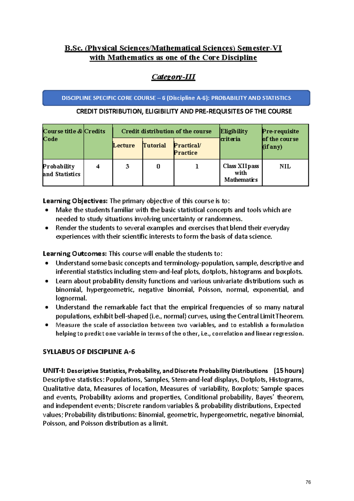 B.Sc. (Physical Sciences) Sem 6: Probability & Statistics Syllabus ...