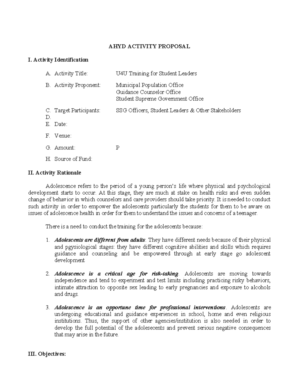 AHYD Activity Proposal - AHYD ACTIVITY PROPOSAL I. Activity ...