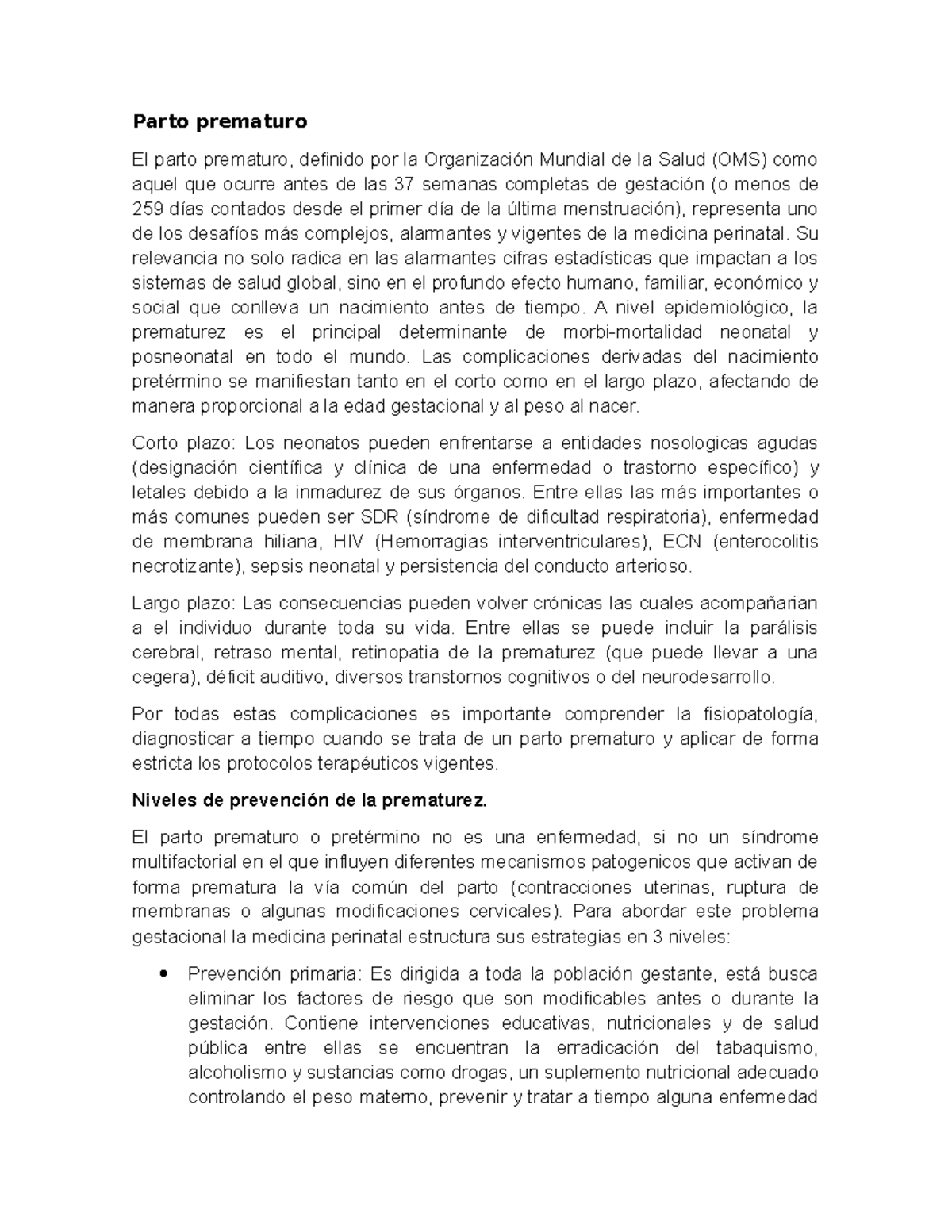 Ensayo sobre el Parto Prematuro: Desafíos y Prevención - Studocu