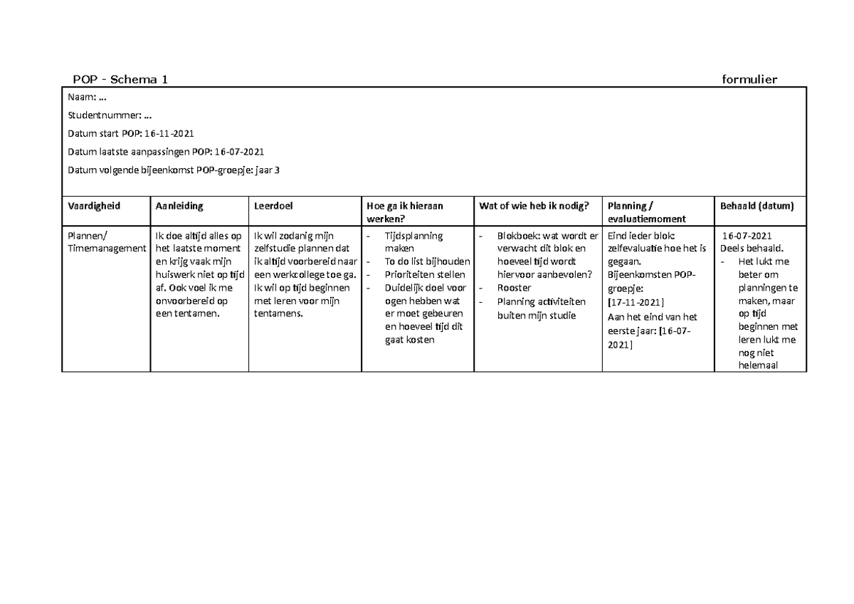 POP-schema 1 - Reflectie en Planning voor Timemanagement - Studeersnel