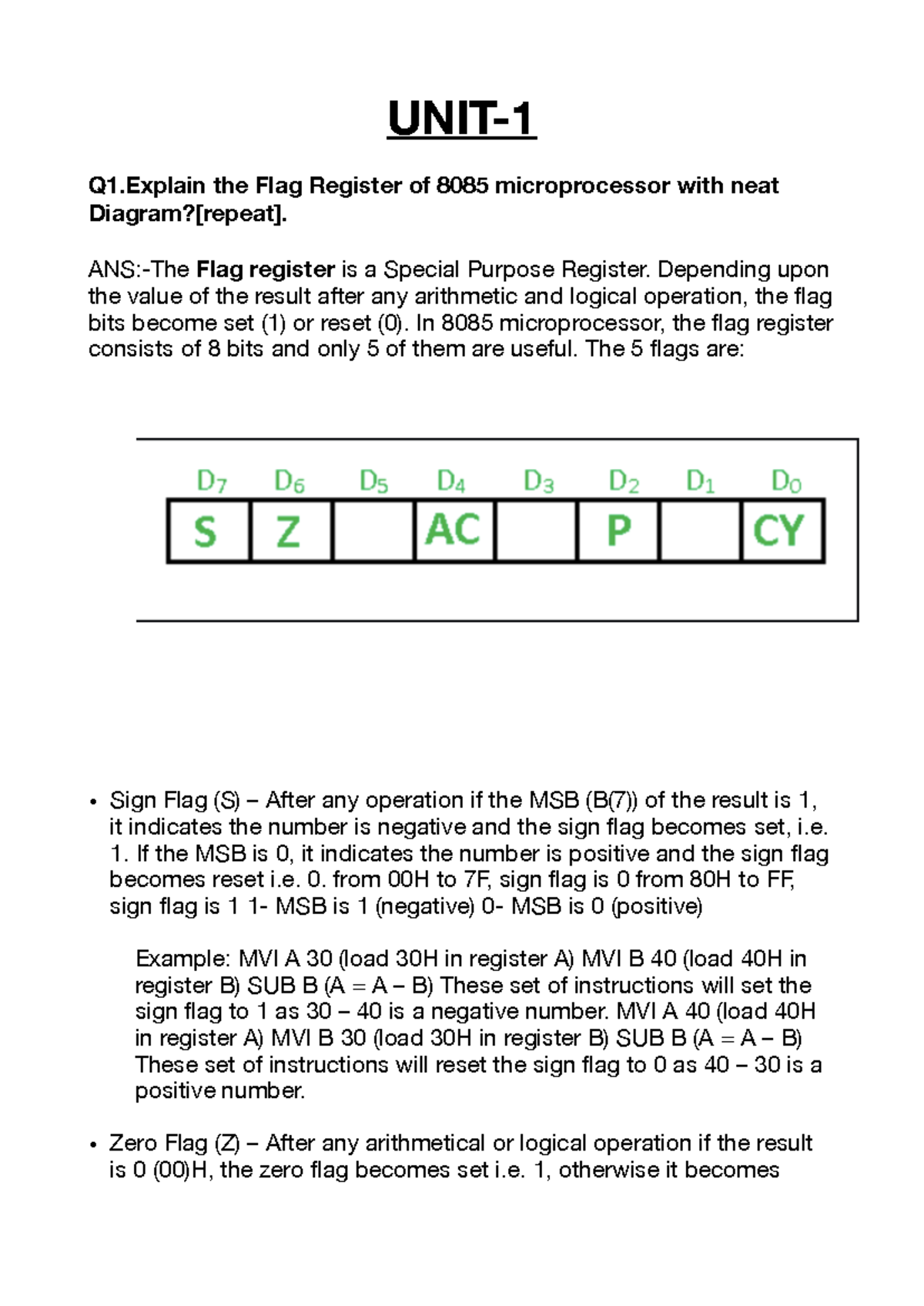 UNIT-1 (MICR) - 8085 Microprocessor Flag Registers & Architecture - Studocu