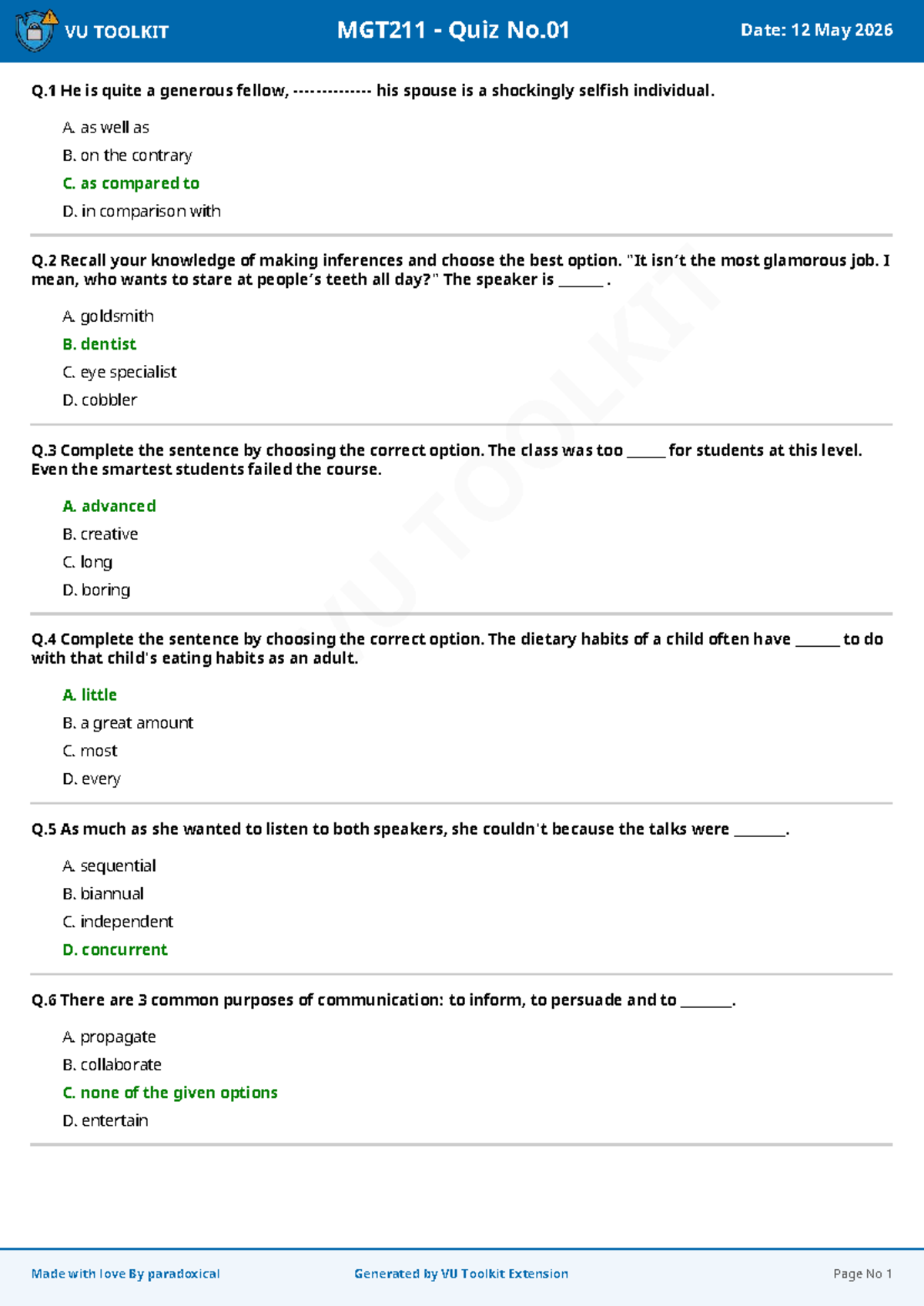 MGT211 Quiz No.01 - Multiple Choice Questions (MCQs) - Studocu