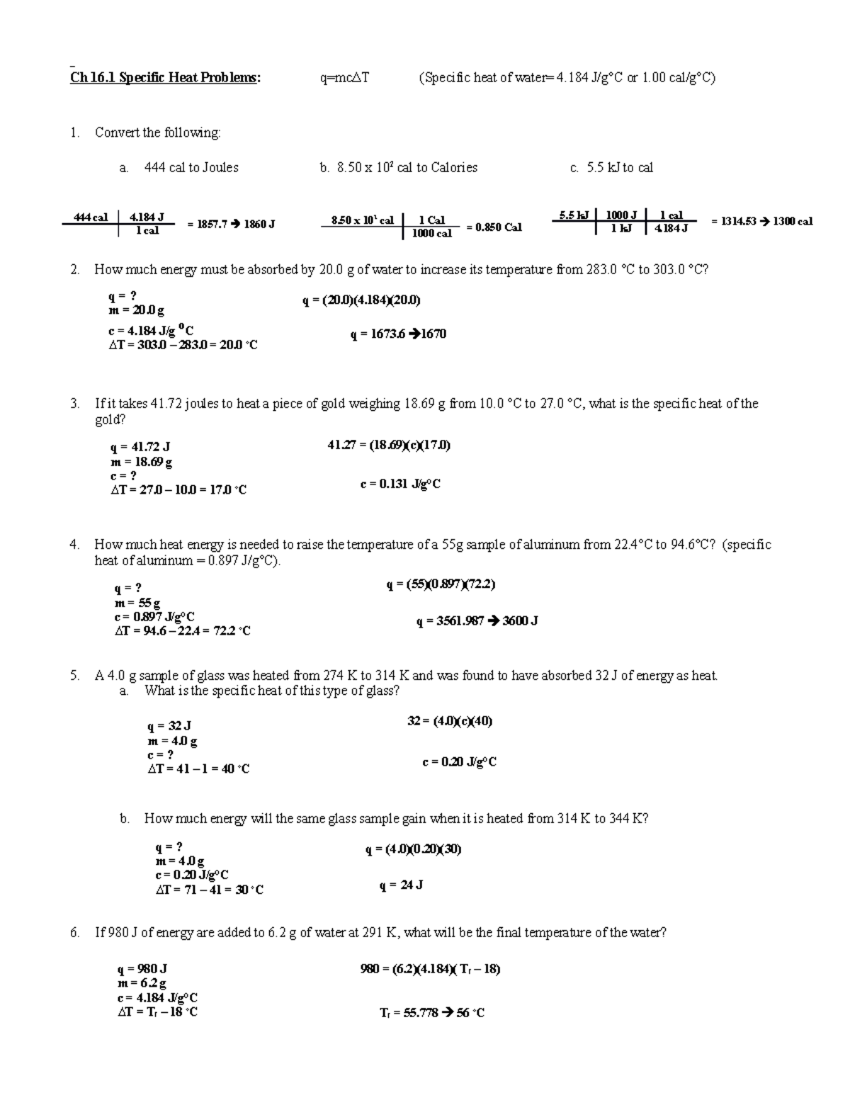 16.1 specific heat practice part 1 answer key - Ch 16 Specific Heat ...