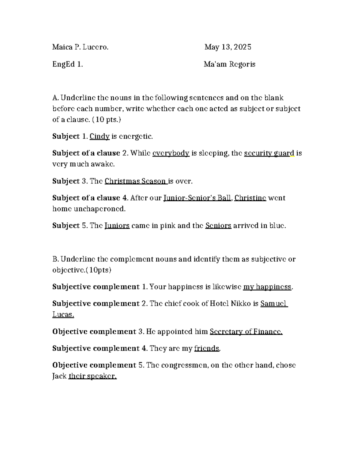 EngEd 1 Grammar Worksheet Answers: Nouns, Complements, and Modifiers ...