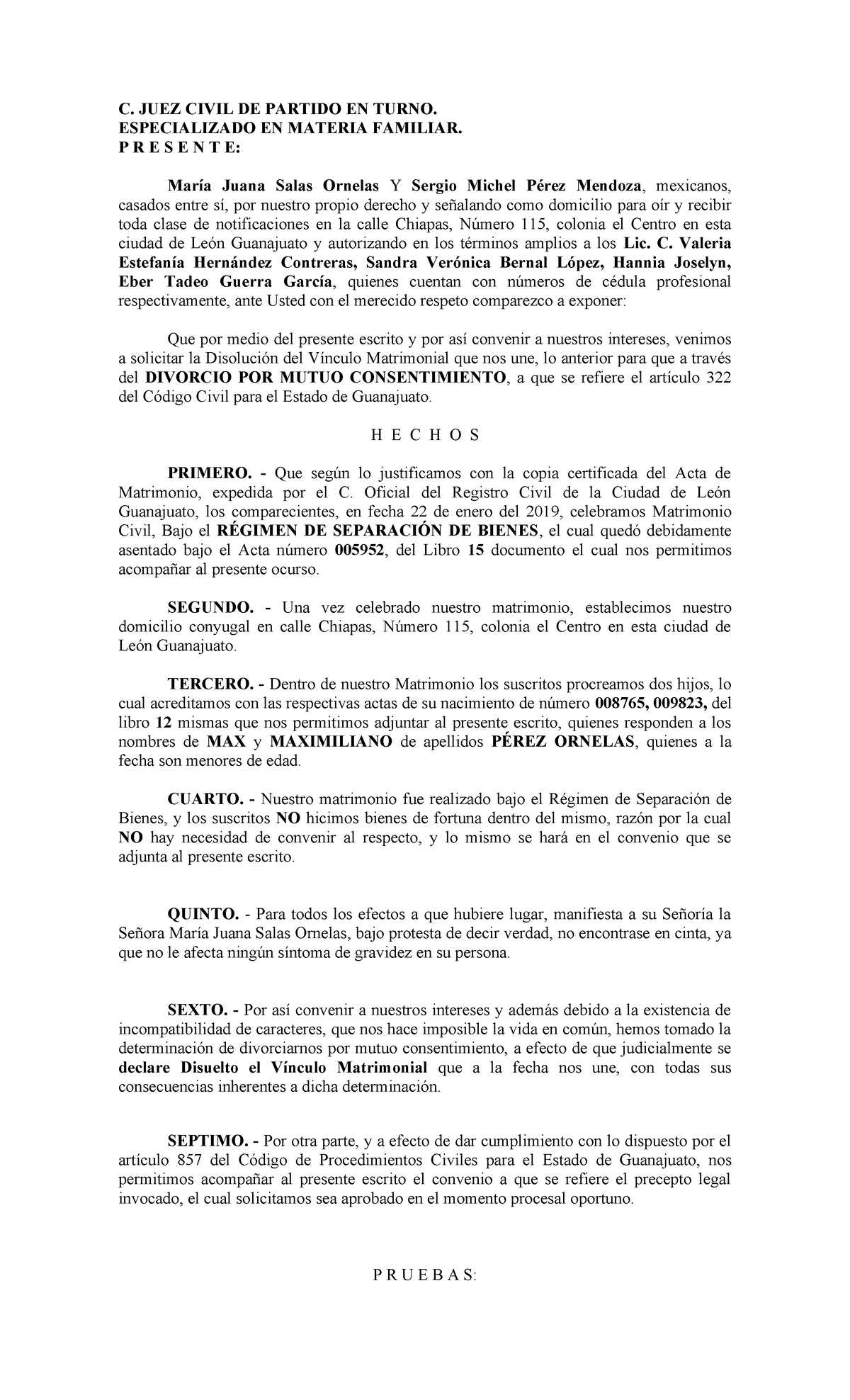 Demanda de Divorcio por Mutuo Consentimiento - EBER - Studocu