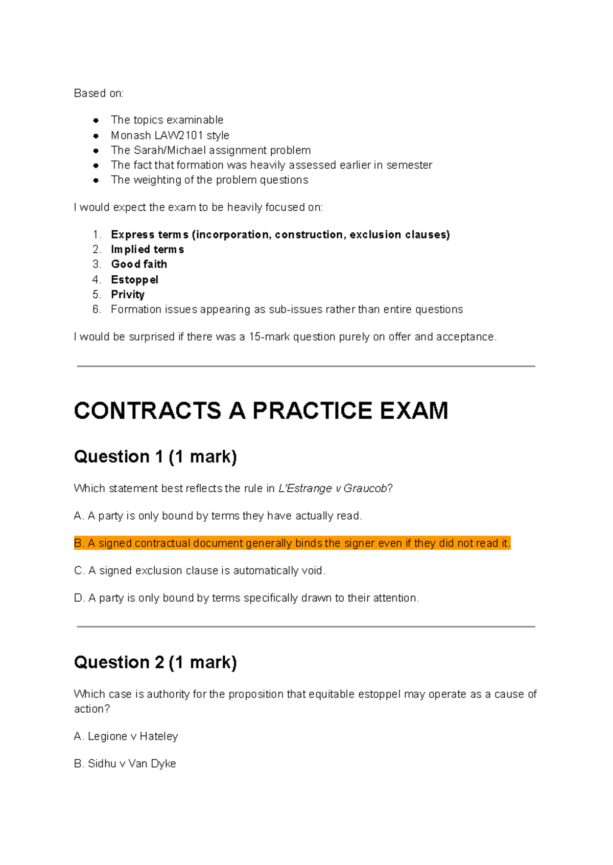LAW2101 Practice Exam: Key Topics & Sample Questions on Contracts - Studocu