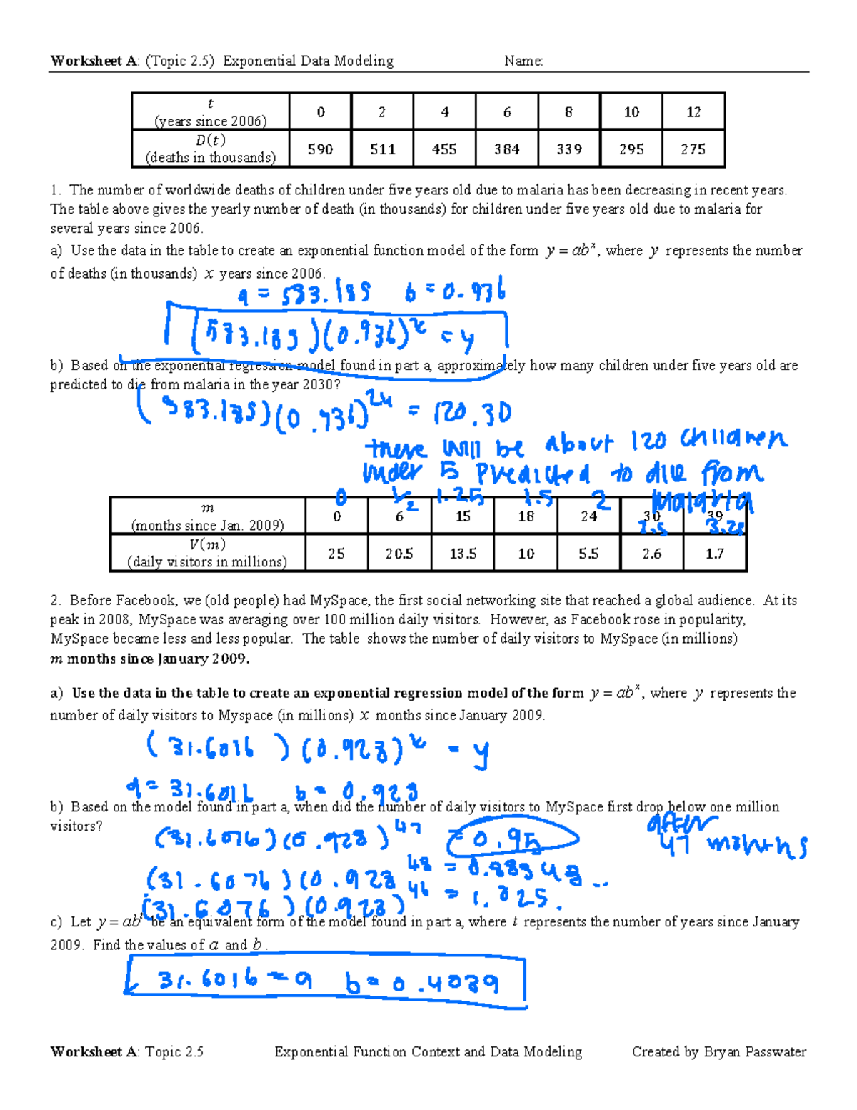 Worksheet A: Topic 2.5 Exponential Function Data Modeling and Analysis ...