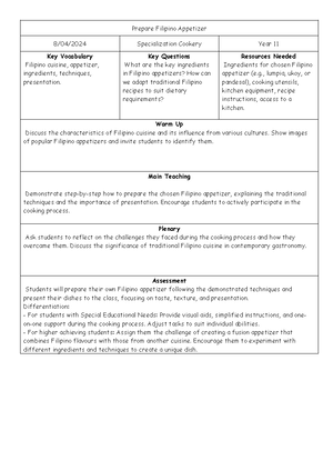Quarter 4 detailed lesson plan - Grade 11 Cookery Lesson Plan ...
