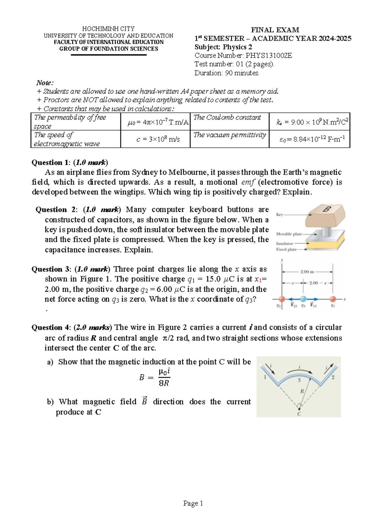 FINAL EXAM PHYS131002E PHYSICS II 1ST SEMESTER 2024-2025 - Studocu