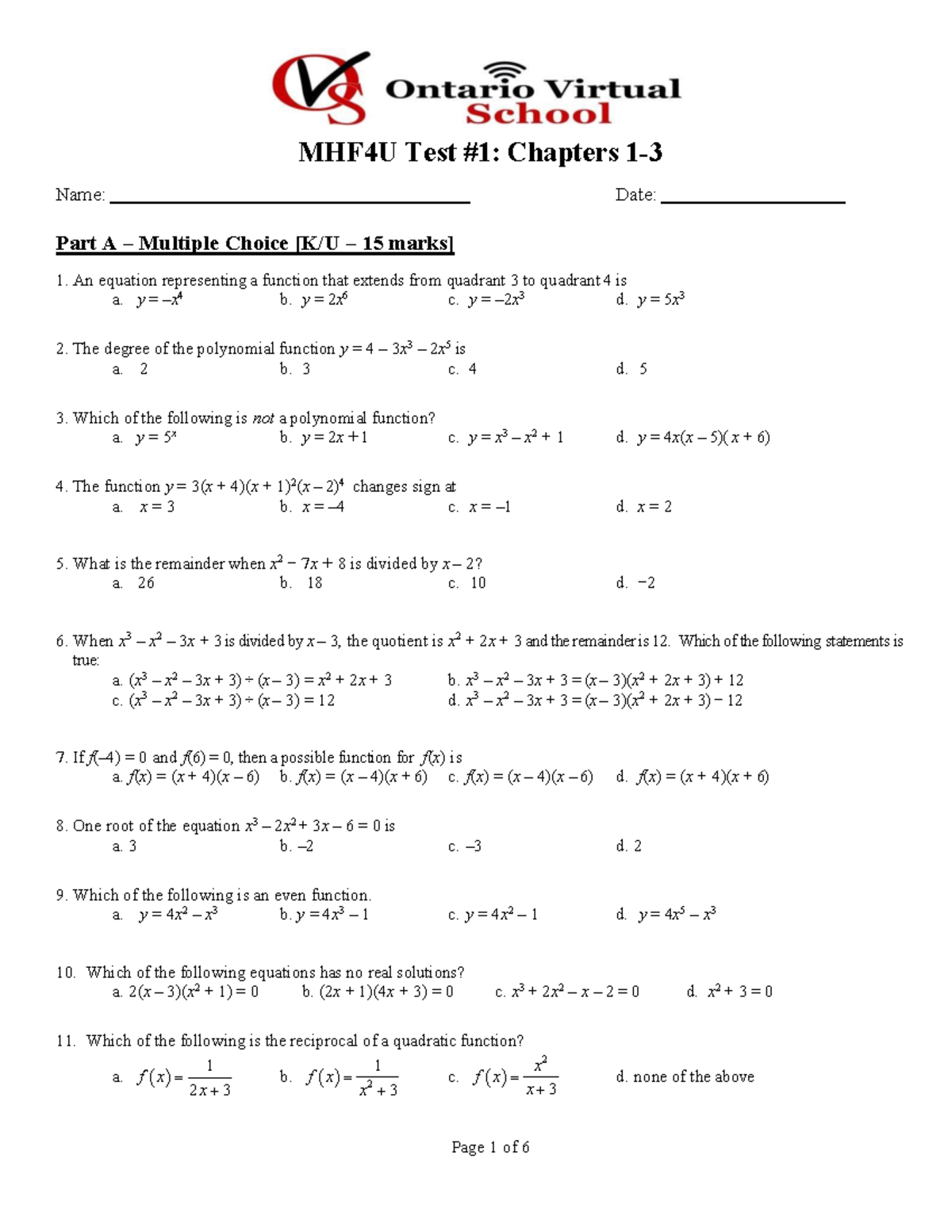 Gr.12 MHF4U Test: Advanced Functions Concepts and Problems - Studocu
