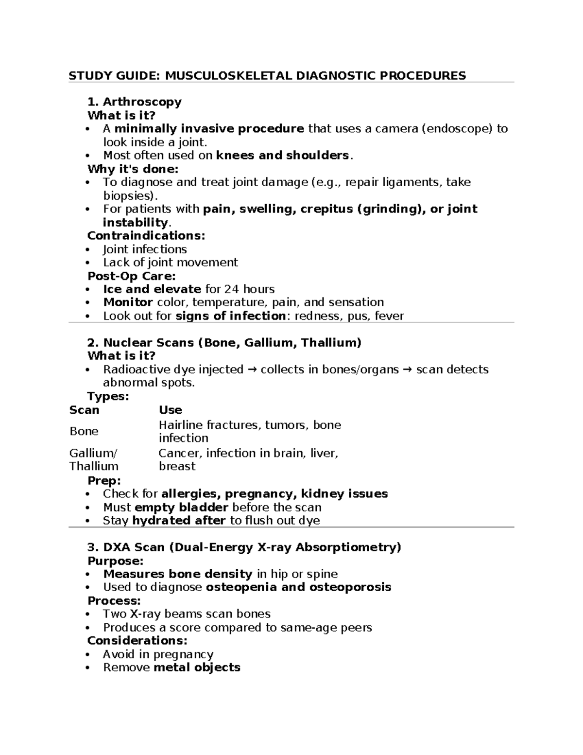 STUDY GUIDE: MUSCULOSKELETAL DIAGNOSTIC PROCEDURES - Studocu