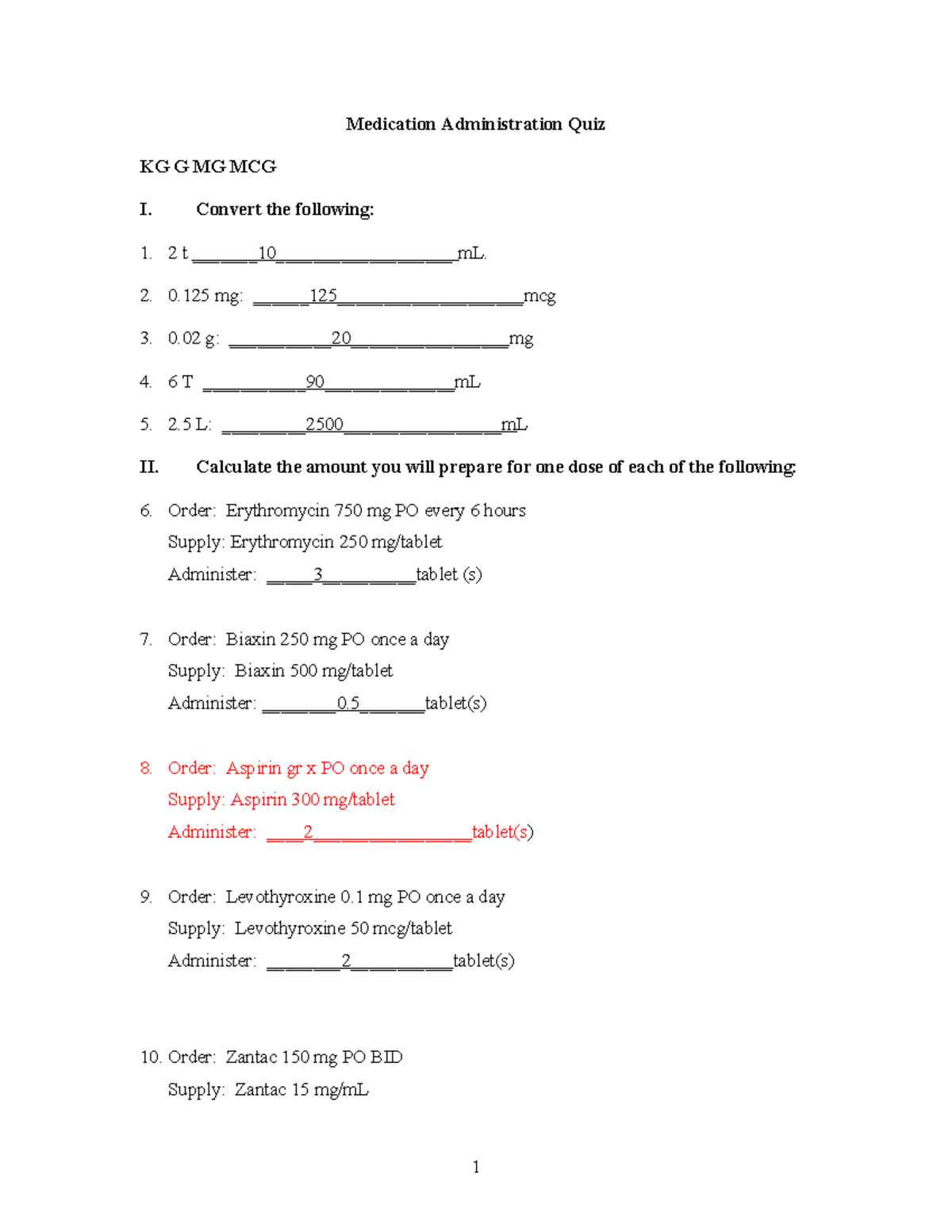 Medication Administration Quiz KG G MG MCG I: Medical Calculations ...