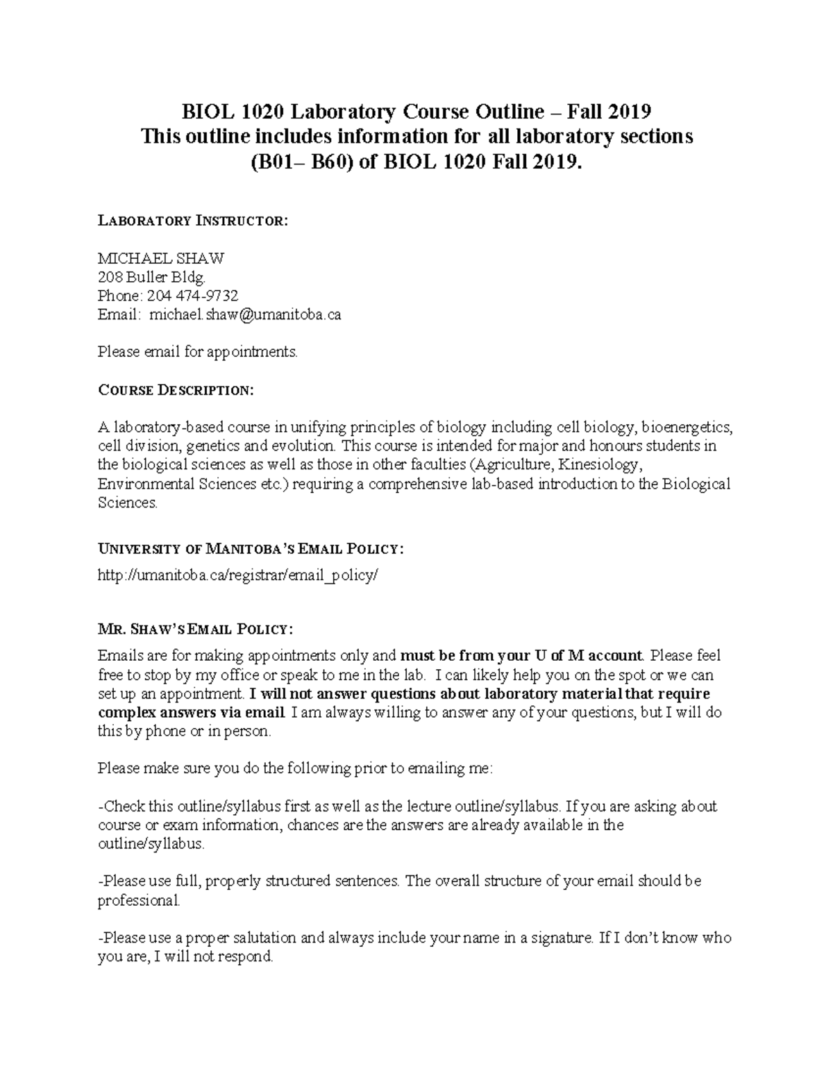 BIOL 1020 Lab Course Outline - Fall 2019 (Sections B01-B60) - Studocu