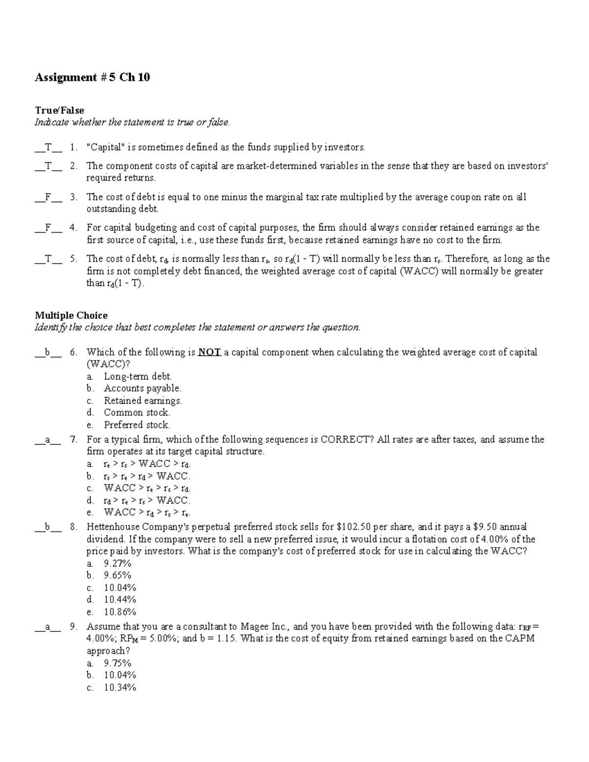 Assignment #5: True/False & Multiple Choice Questions for Ch 10 - Studocu