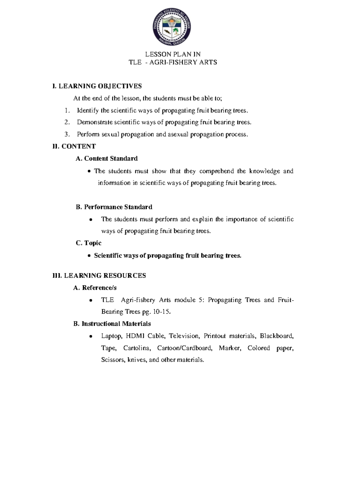Lesson Plan: Scientific Propagation of Fruit-Bearing Trees - AFA - Studocu