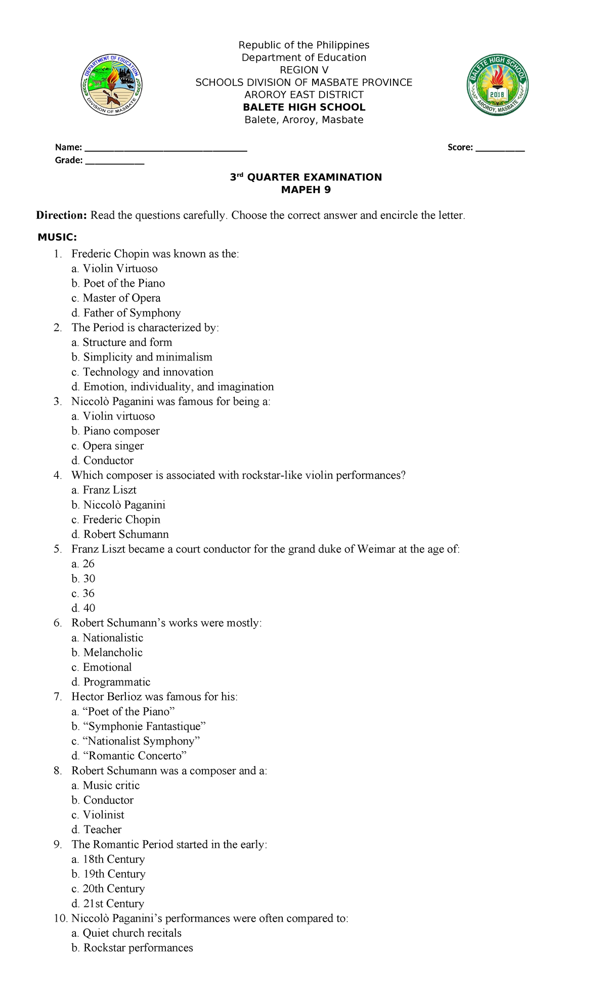 3RD Quarter EXAM - Copy - mapeh - Direction: Read the questions carefully. Choose the correct ...