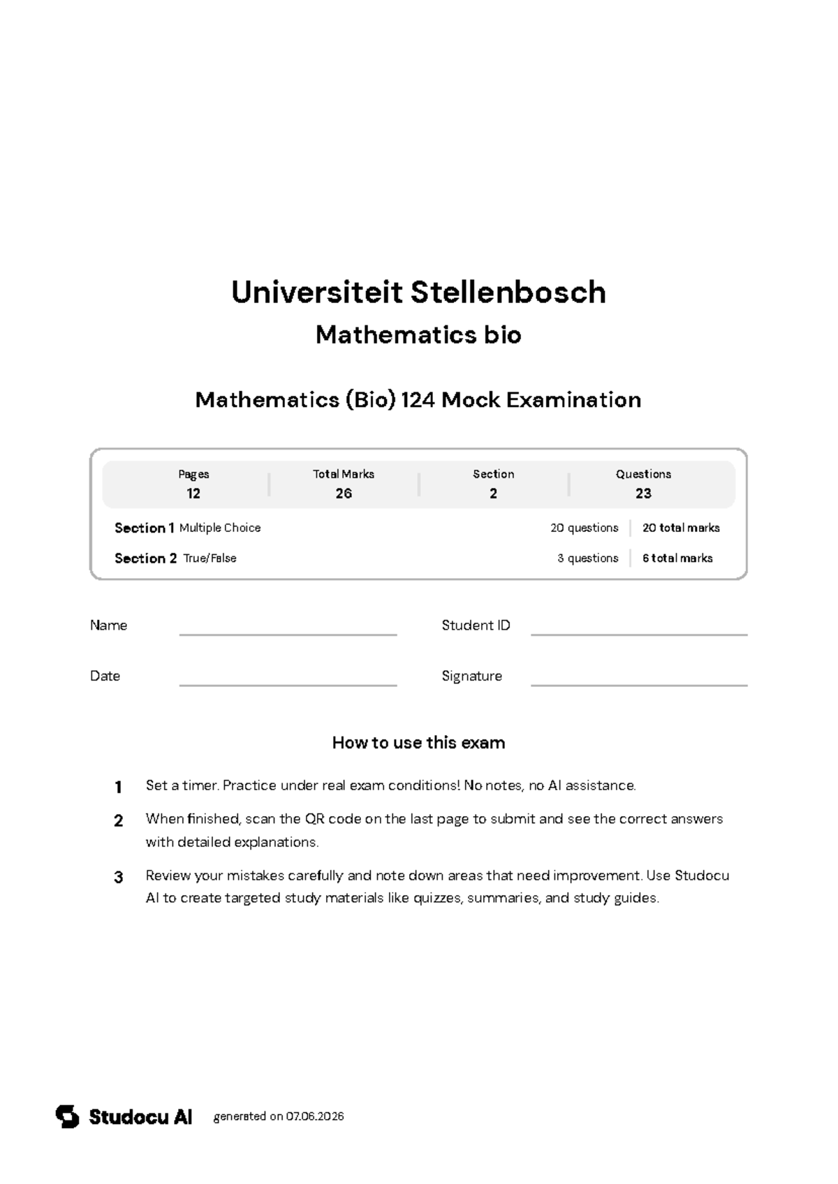 Mathematics (Bio) 124 Mock Examination - Studocu