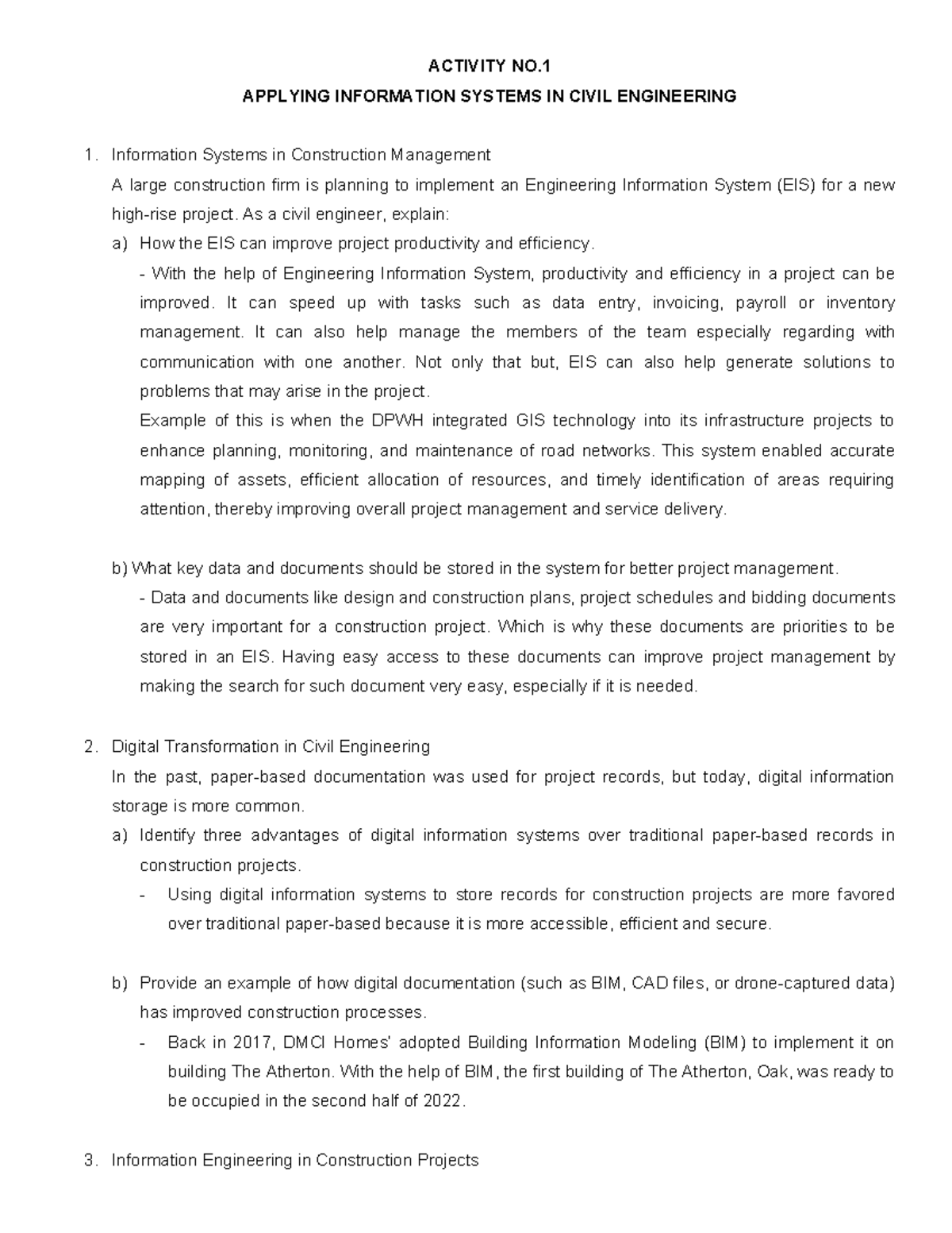 ACTIVITY NO.1: INFO SYSTEMS IN CIVIL ENG. & DIGITAL TRANSFORMATION ...