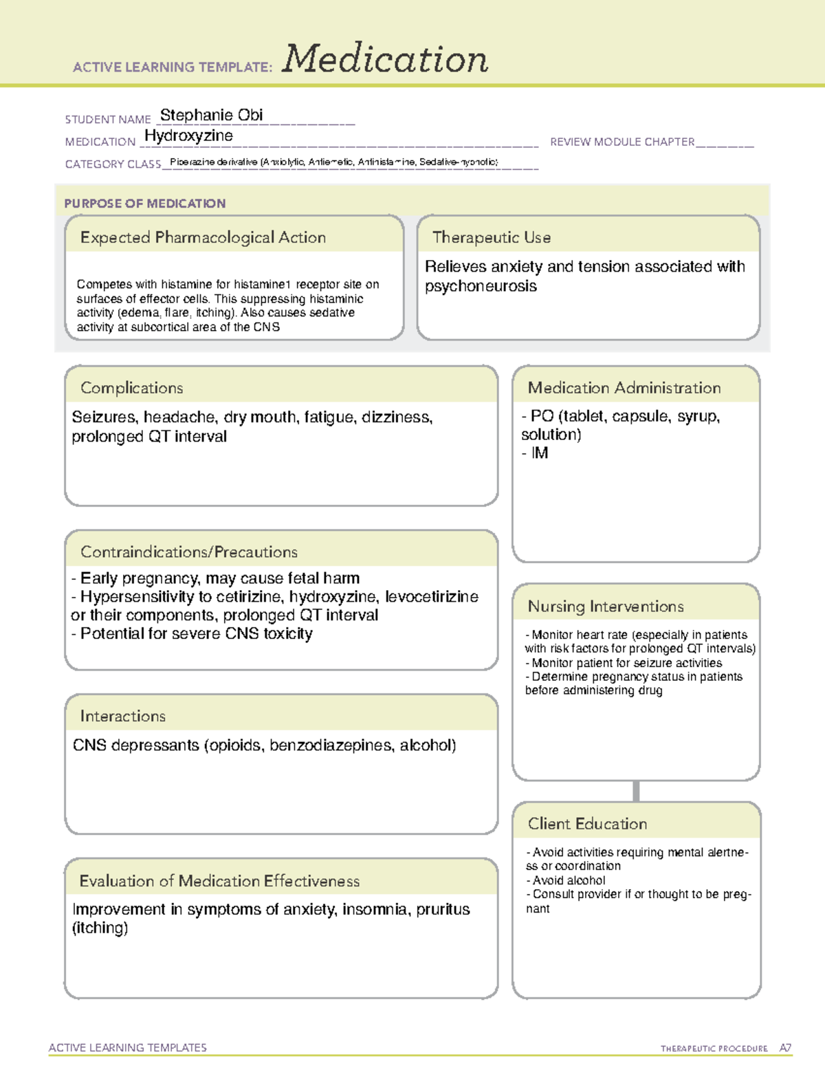 Active Learning Template: Hydroxyzine Medication Review (Chapter A7 ...