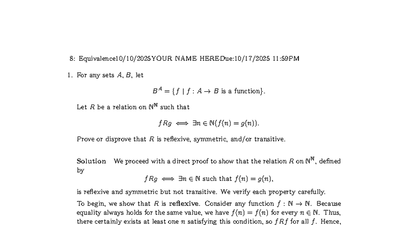 HW8 - Equivalence Relations: Reflexivity, Symmetry, and Transitivity ...