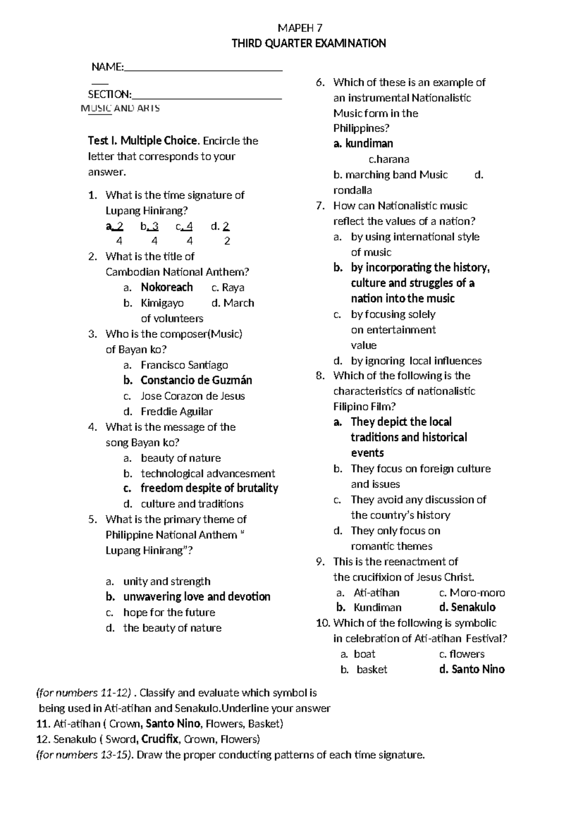 MAPEH 7 Third Quarter Examination Review and Practice Test - Studocu