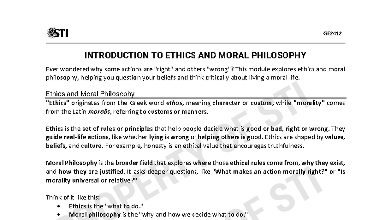 GE2412 Introduction to Ethics and Moral Philosophy Handout 1A - Studocu