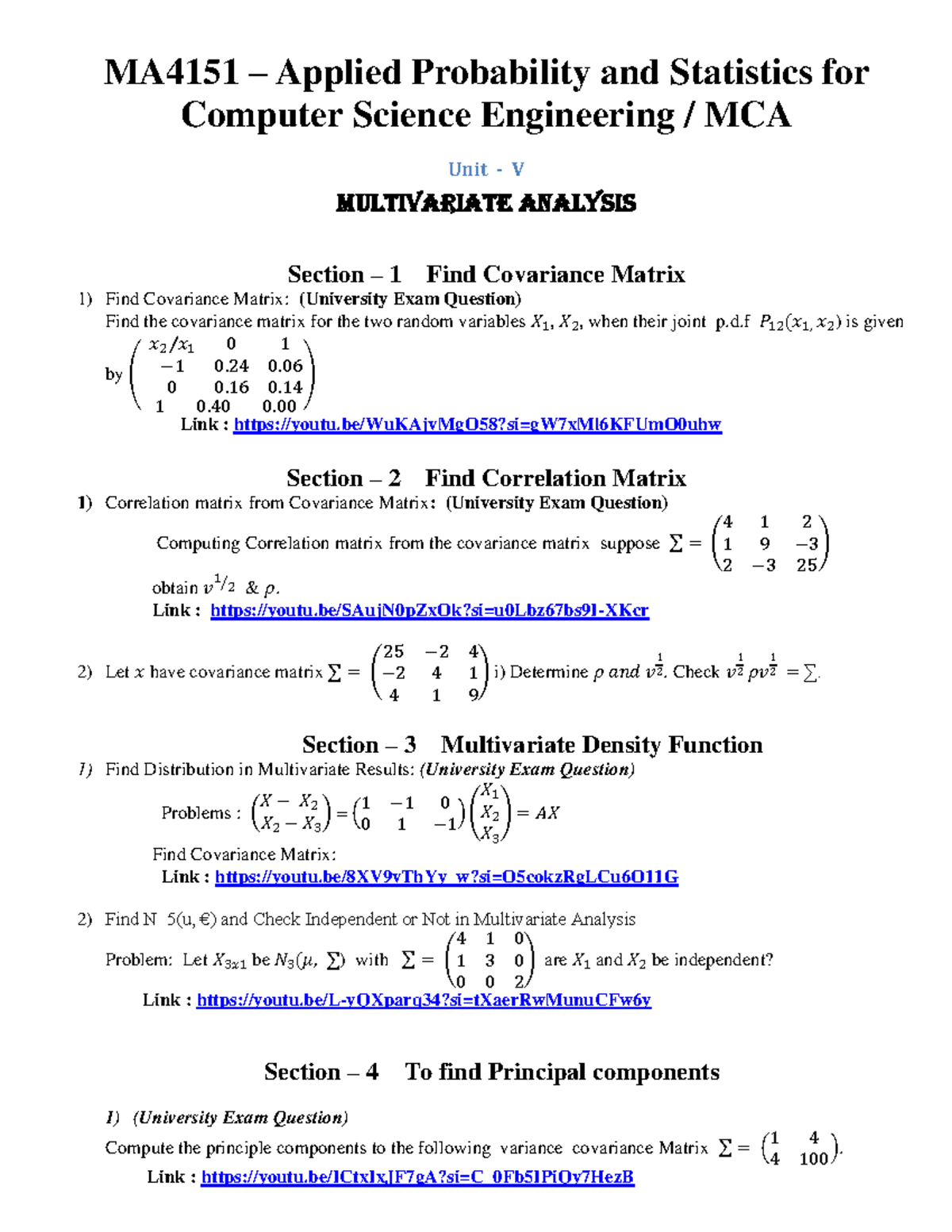 MA4151 Final Exam Prep: Multivariate Analysis & Covariance Matrix - Studocu