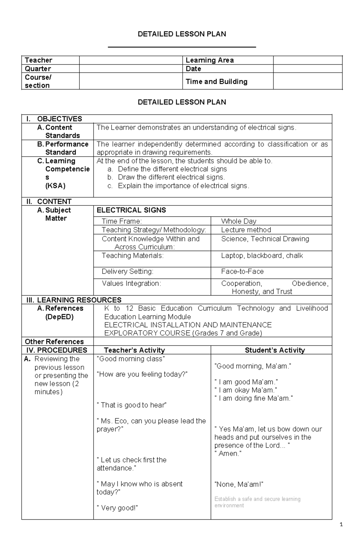 Detailed Lesson Plan on Electrical Signs (Grades 7) - Studocu