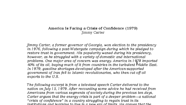 Crisis of Confidence DBQ: Analyzing Carter's 1979 Speech - Studocu