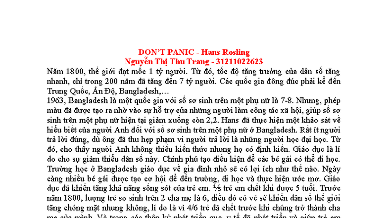 DON'T Panic - Hans Rosling: Phân Tích Dân Số Toàn Cầu - Studocu