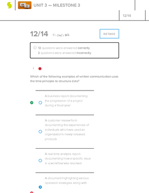 Milestone unit 2 - 24 questions were answered correctly. 2 questions ...